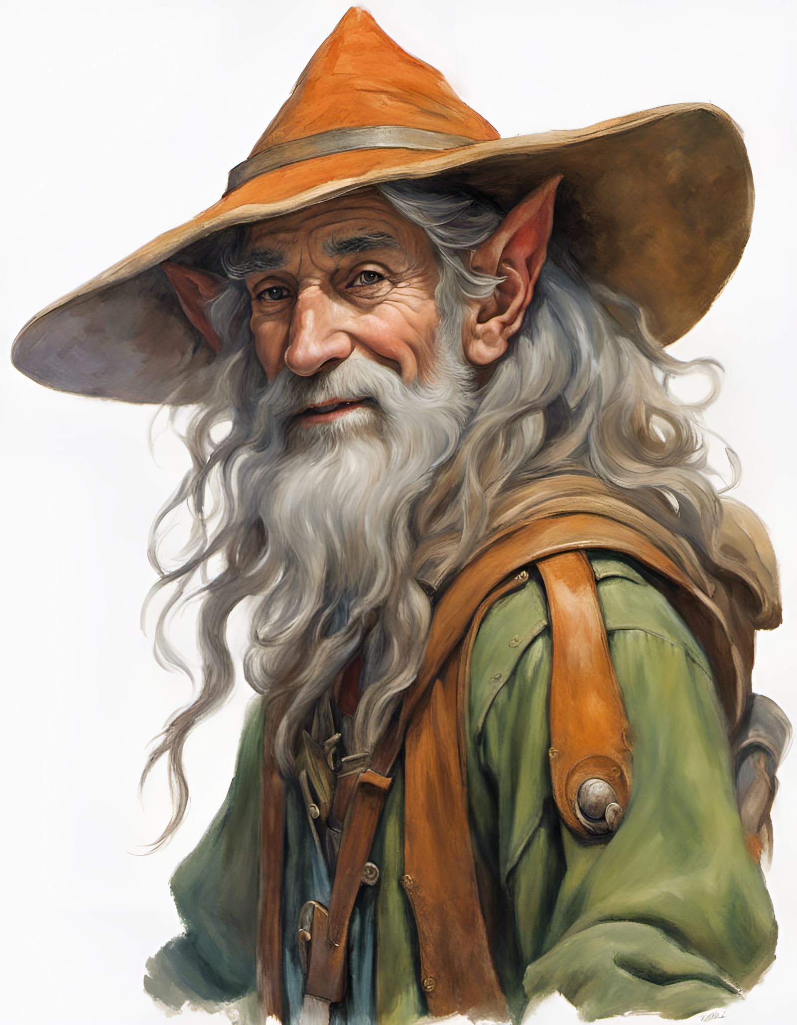 bearded elf with pointy ears and long nose with a peaceful and joyous ...