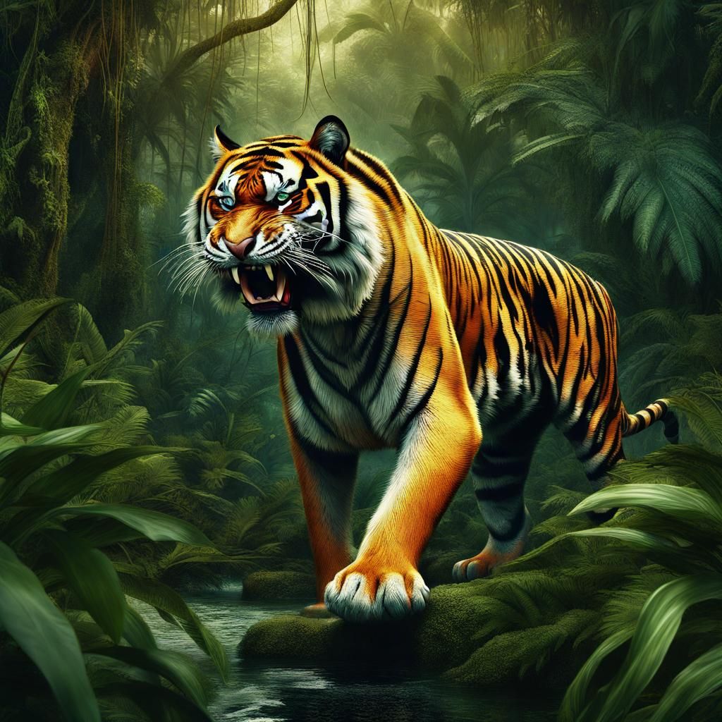 Tiger slinking through the jungle, silent, menacing, ferocious, deathly ...