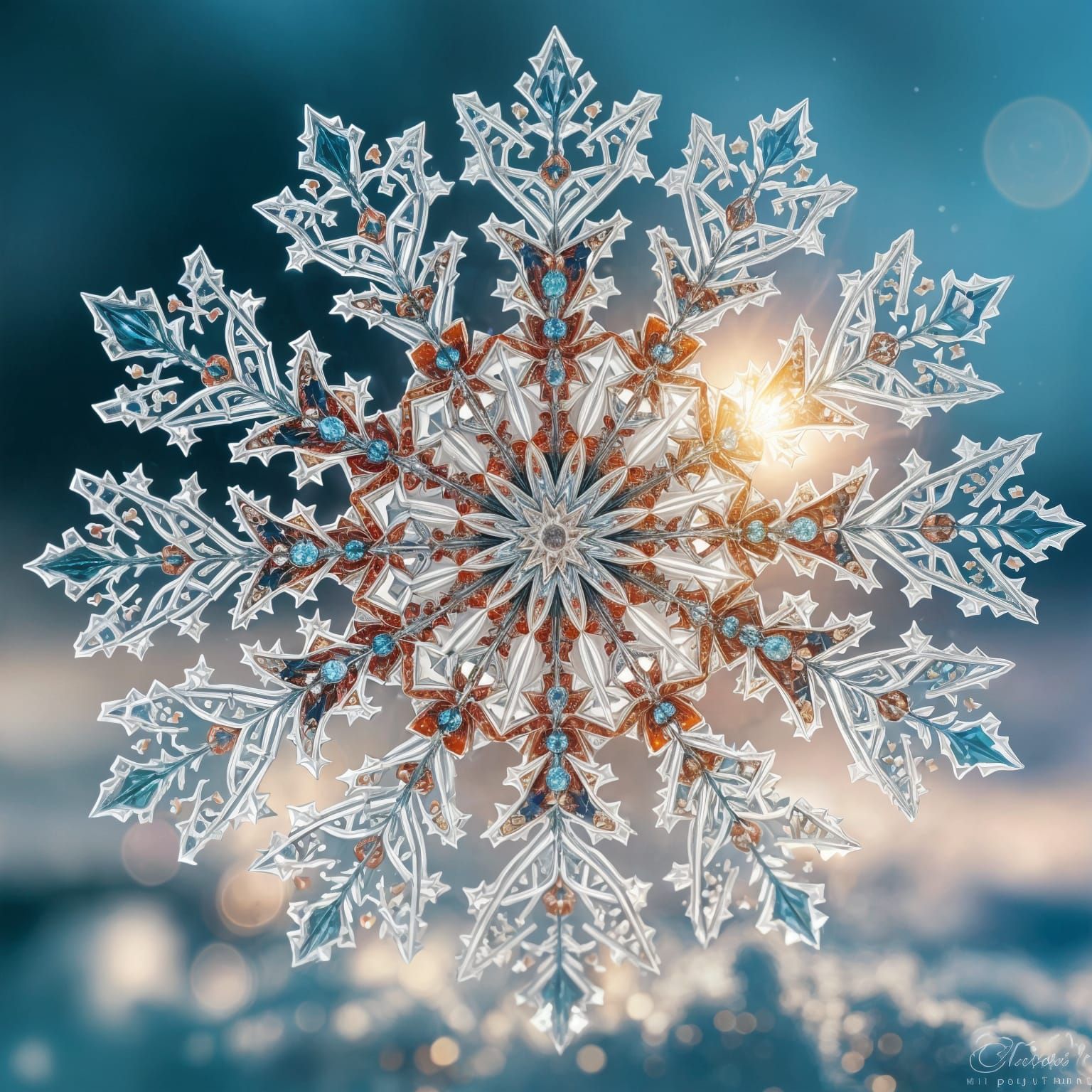 Fractal Sunset Snowflake - Fractured Snowflake Masterpiece i...