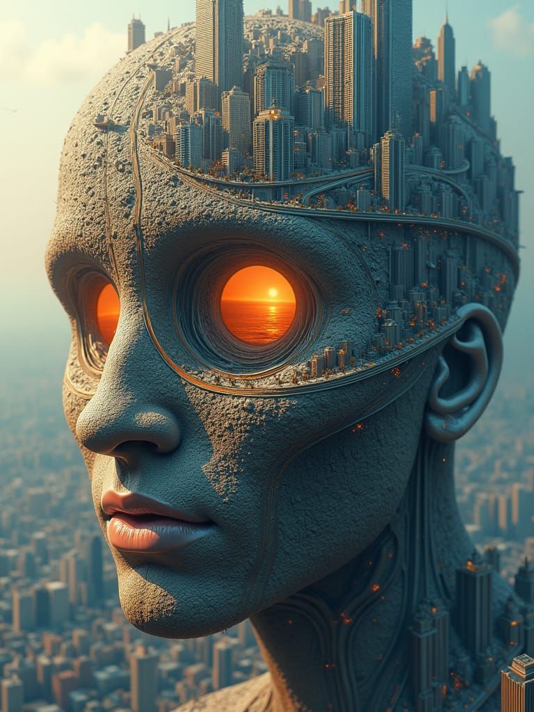 This image depicts a surreal cityscape integrated into the face of a ...