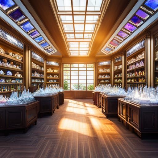 The inside of a crystal shop, with displays of many different types and ...