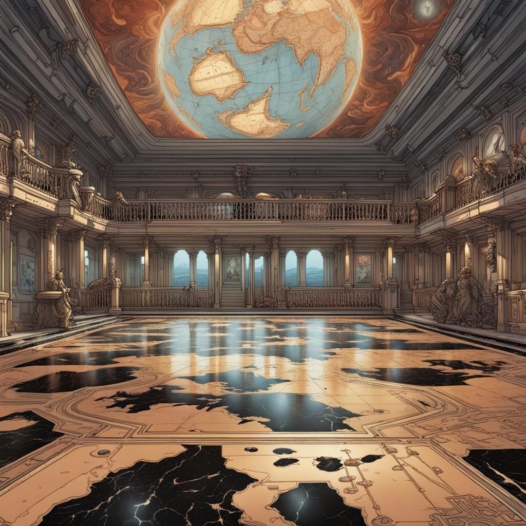 Ballroom floor: black marble, mars world map spread across the floor ...