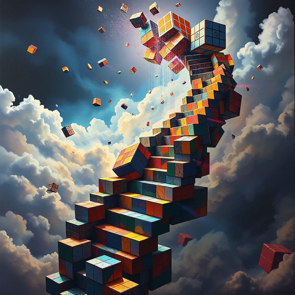 Leaping Levels - Surreal Staircase in Cyberpunk Aesthetic