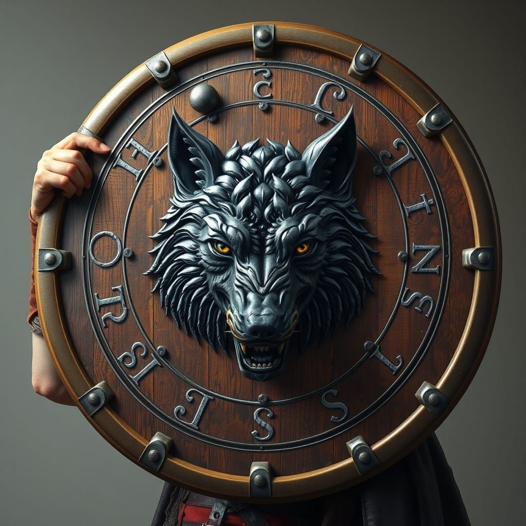 Photorealistic picture of an intricate tower shield hold by a warrior ...