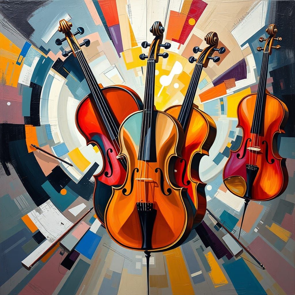 An abstract oil painting of a string symphony with stand alone instruments