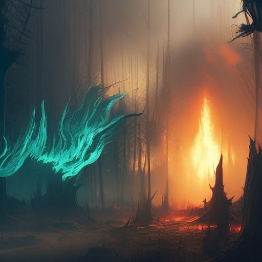 Fires flicker among trees that are BURNED black and lifeless in a smoky ...