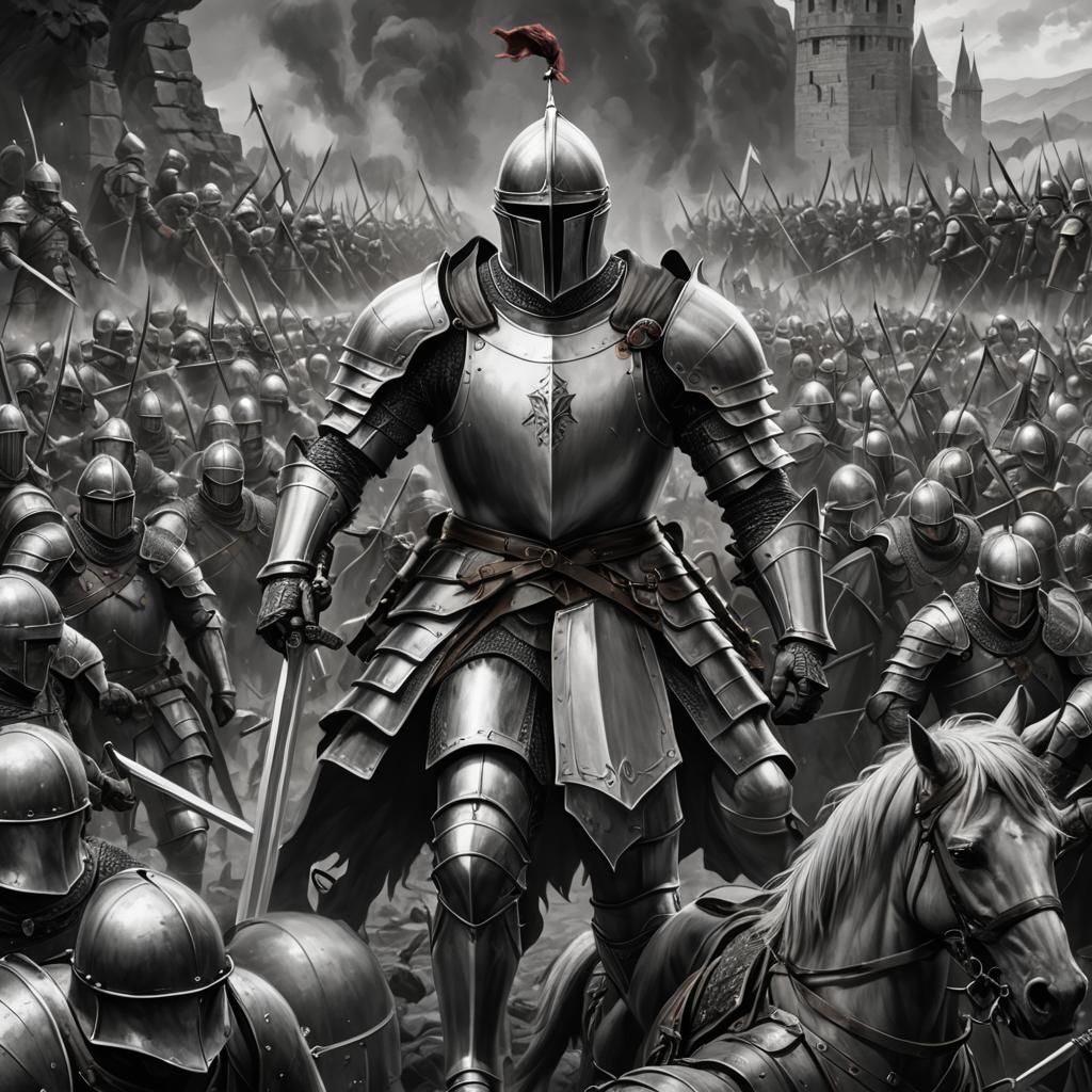 High fantasy epic single monochrome knight against an army, scenic ...