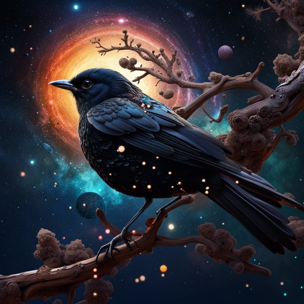 hyperdetailed photorealistic black bird, thee branch, wind, milky way ...