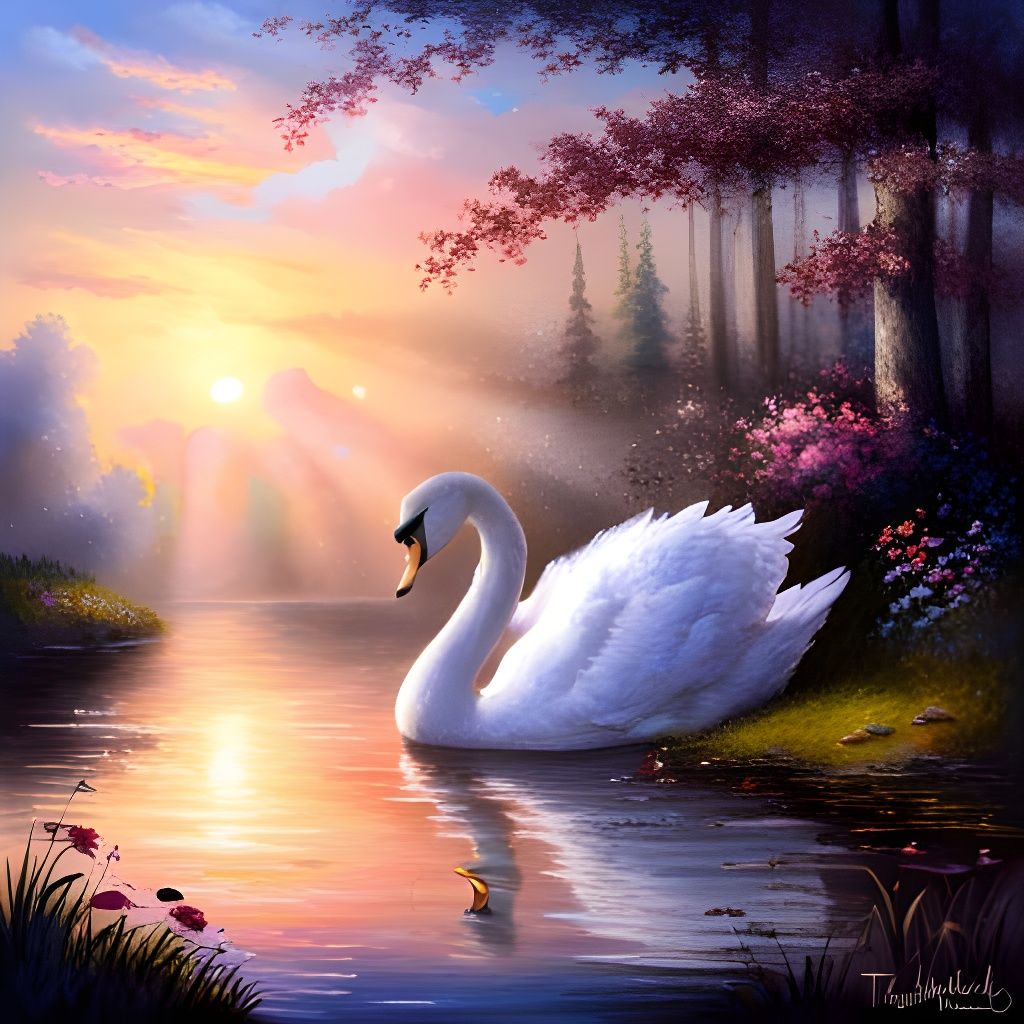 sad swan with the rays of the sun in the morning in the style of Roger ...