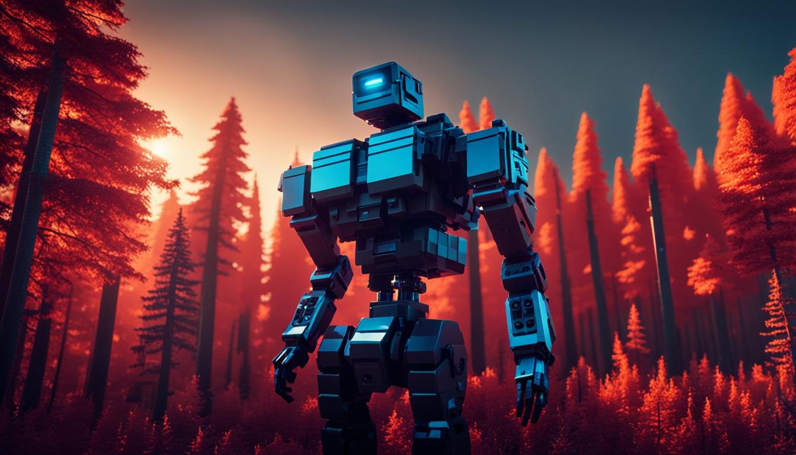 Metal human like voxel robot in middle of the voxel forest surrounded ...