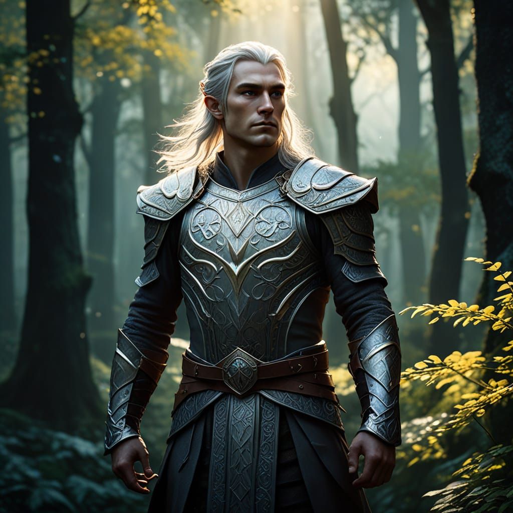 Elven Warrior in Lush Forest, Inspired by Alan Lee... - AI Art