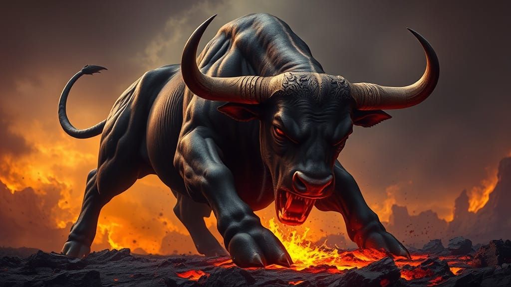 Enraged Bull in Menacing Stance, Summoning Dark En... - AI Art