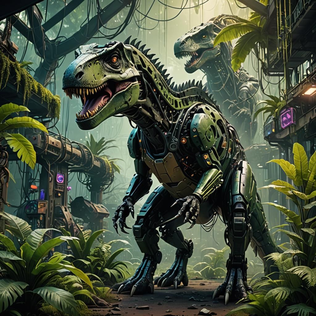 Cyberpunk t-rex in a cyberpunk junglescape - AI Generated Artwork ...