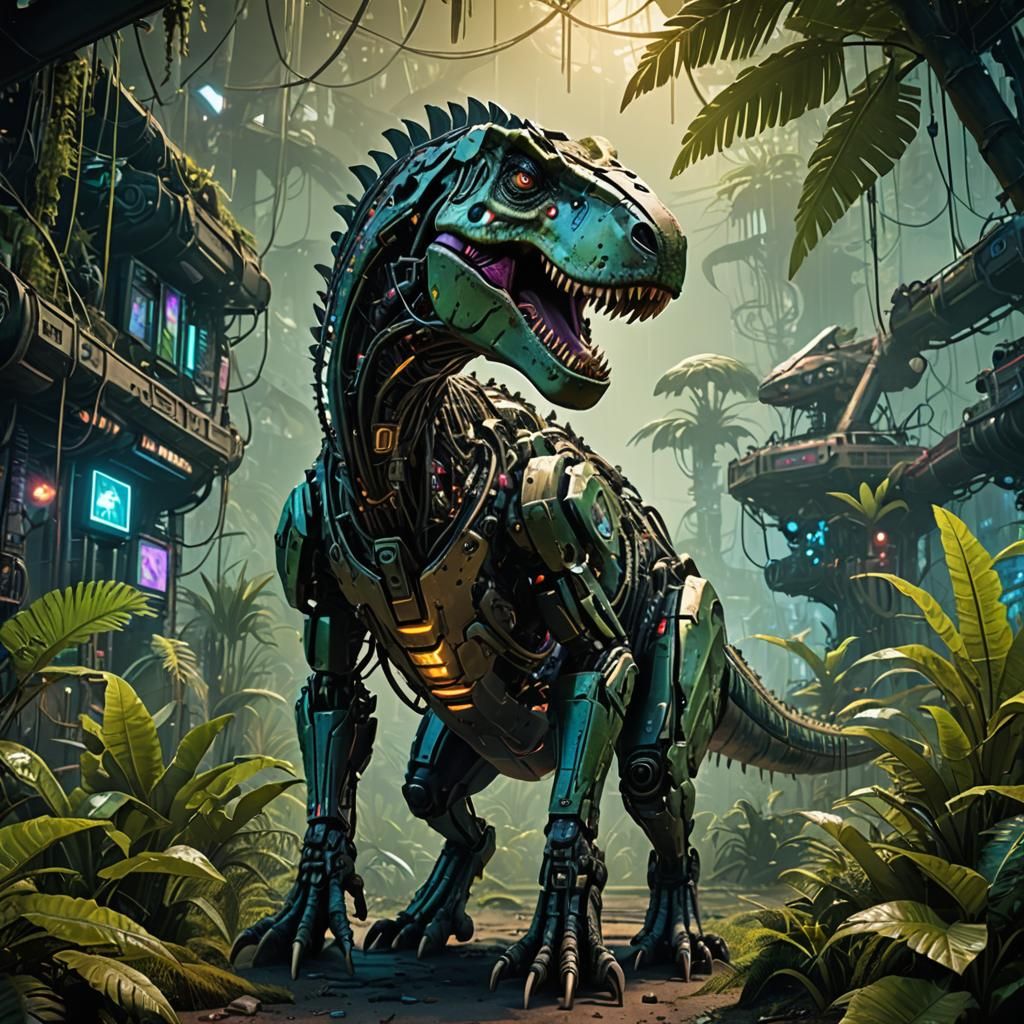 Cyberpunk t-rex in a cyberpunk junglescape - AI Generated Artwork ...