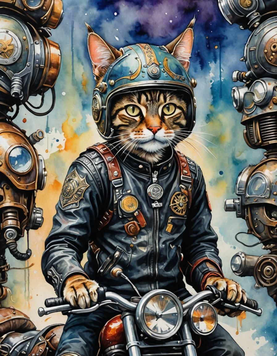 intricately detailed watercolor painting of a biker cat wears a ...