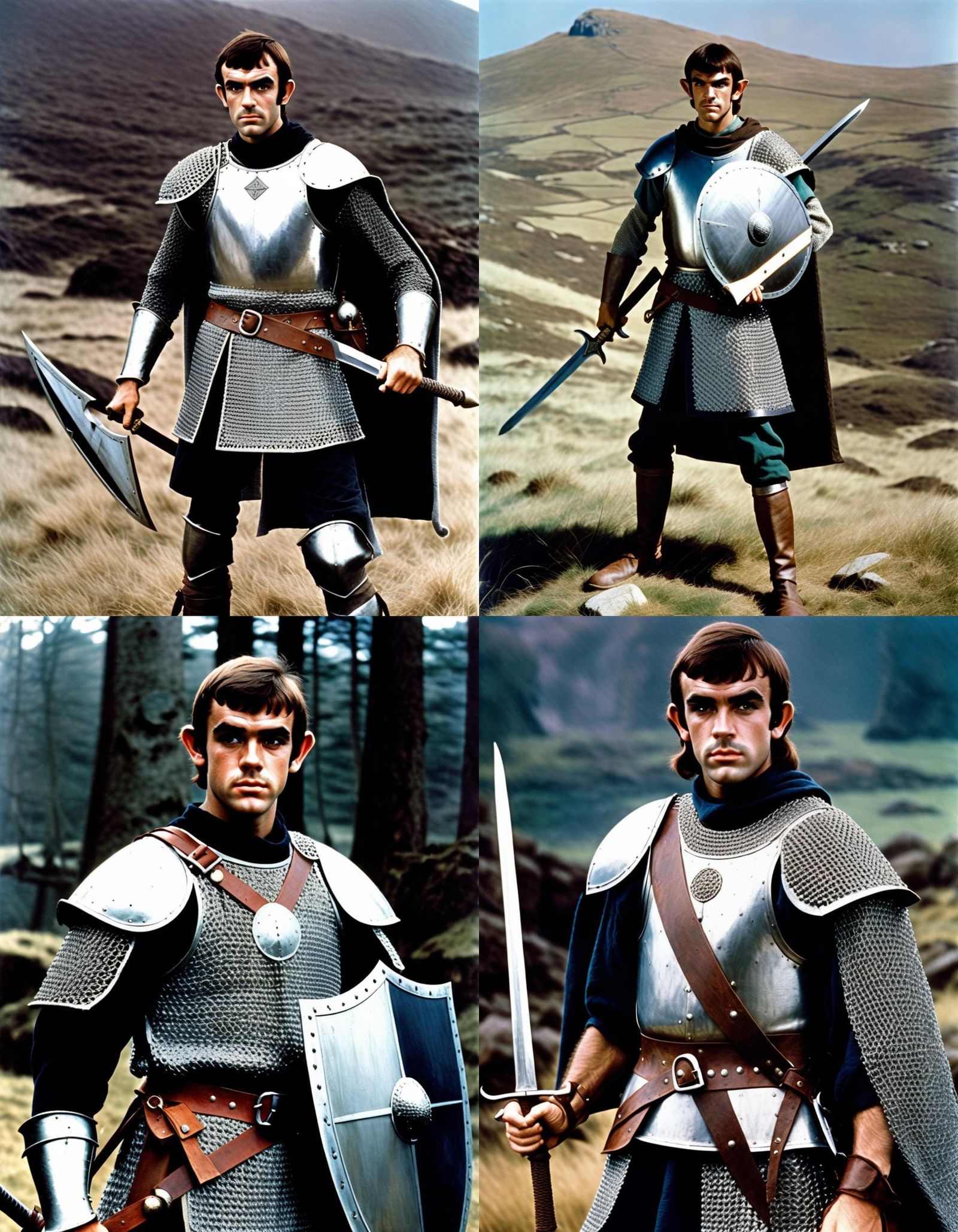 A young Sean Connery dressed as a fighter wearing chainmail with a ...