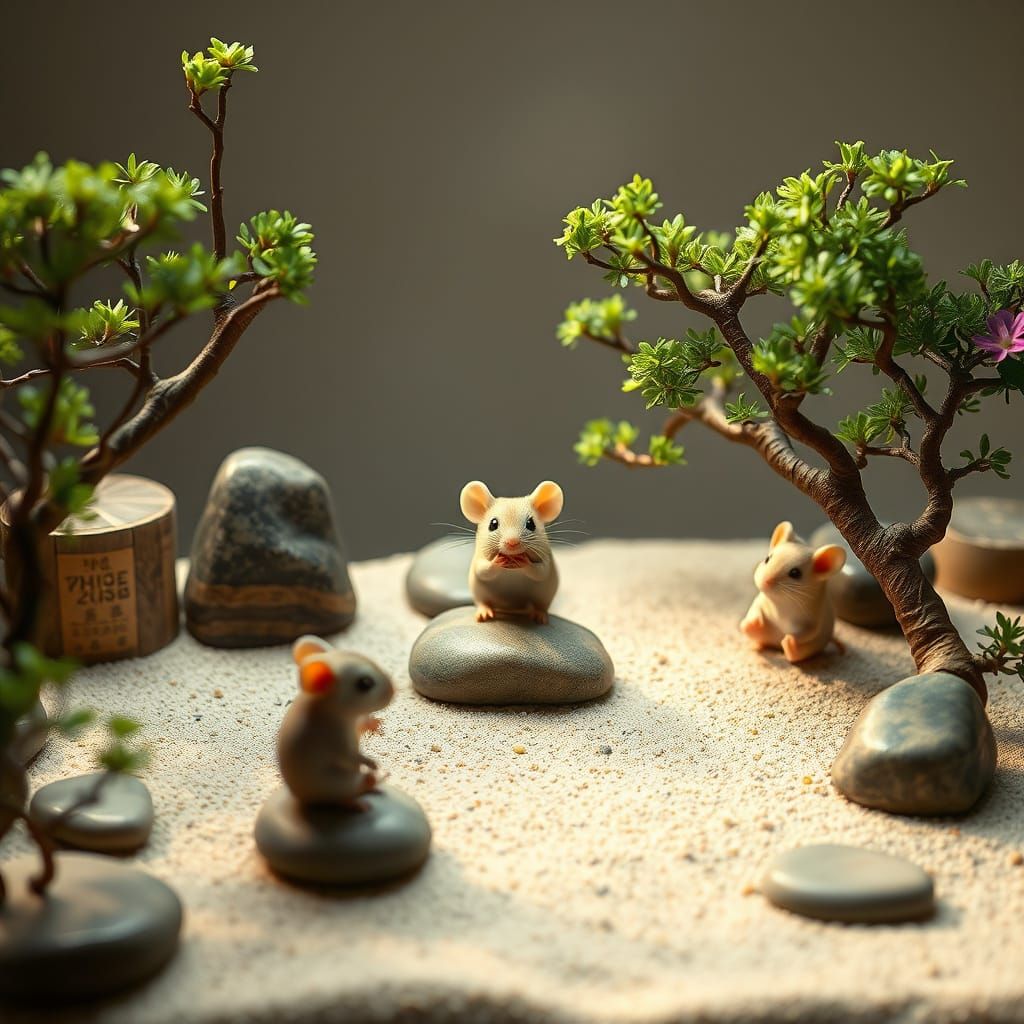 A serene zen garden inhabited by chibified mice meditating peacefully ...