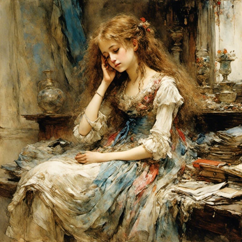 Little girl with curly hair is sitting, covering her face with her ...