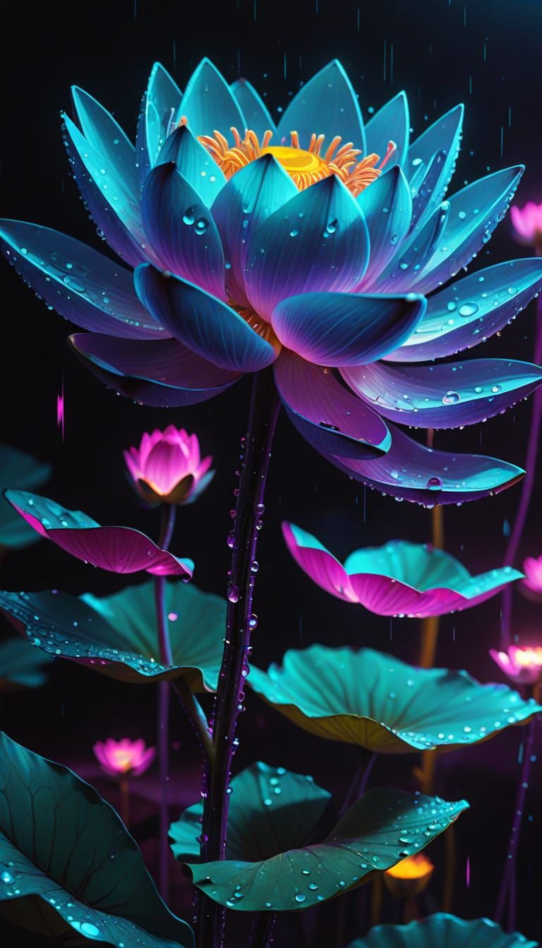 A magical lotus flower blooms in a sea of darkness, its crystalline ...