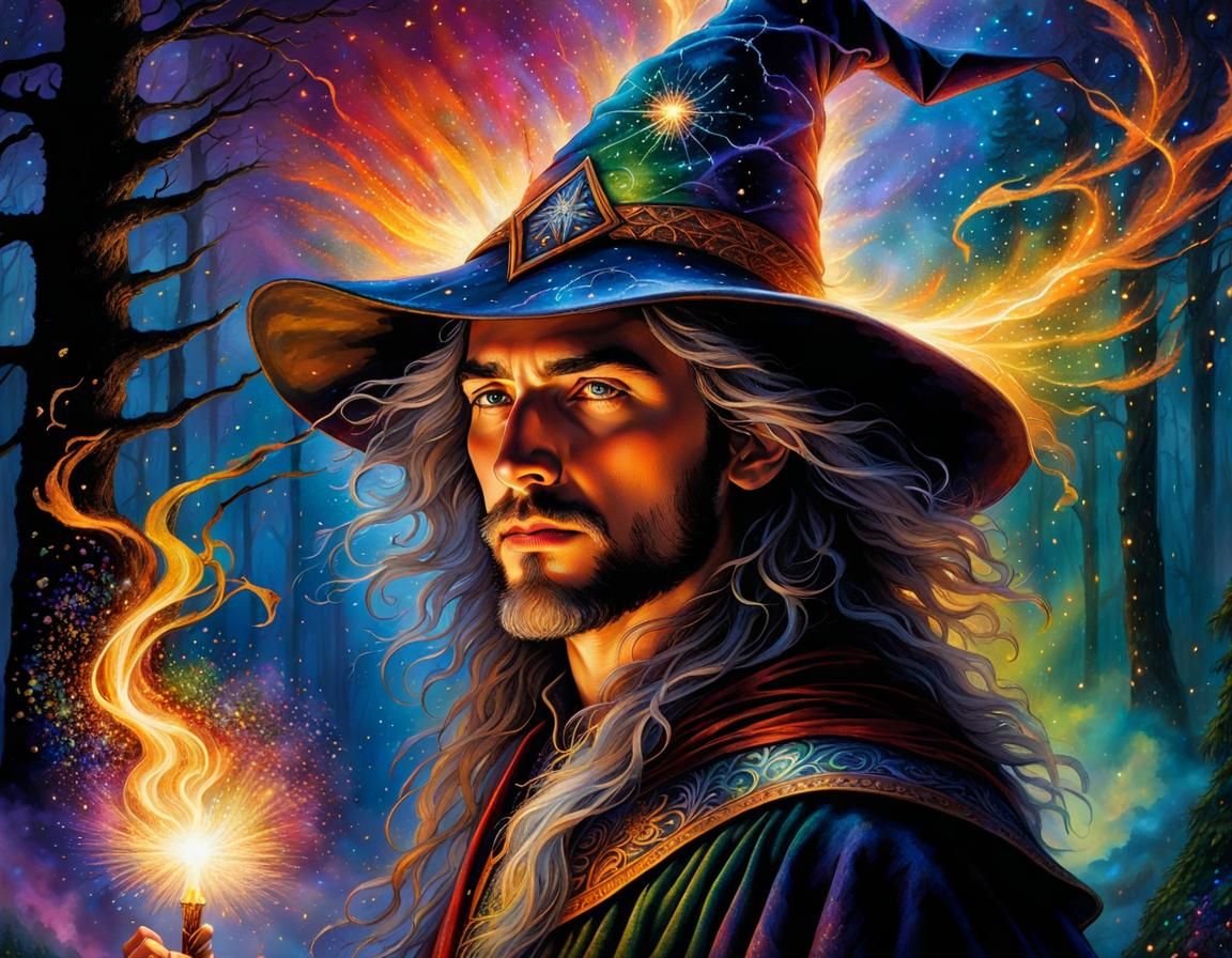 Closeup head and shoulders portrait of a handsome young wizard casting ...