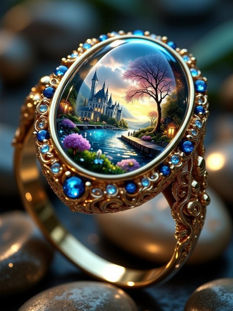Magic Ring - Whimsical Enchanted Town Signet Ring in Glassy,...