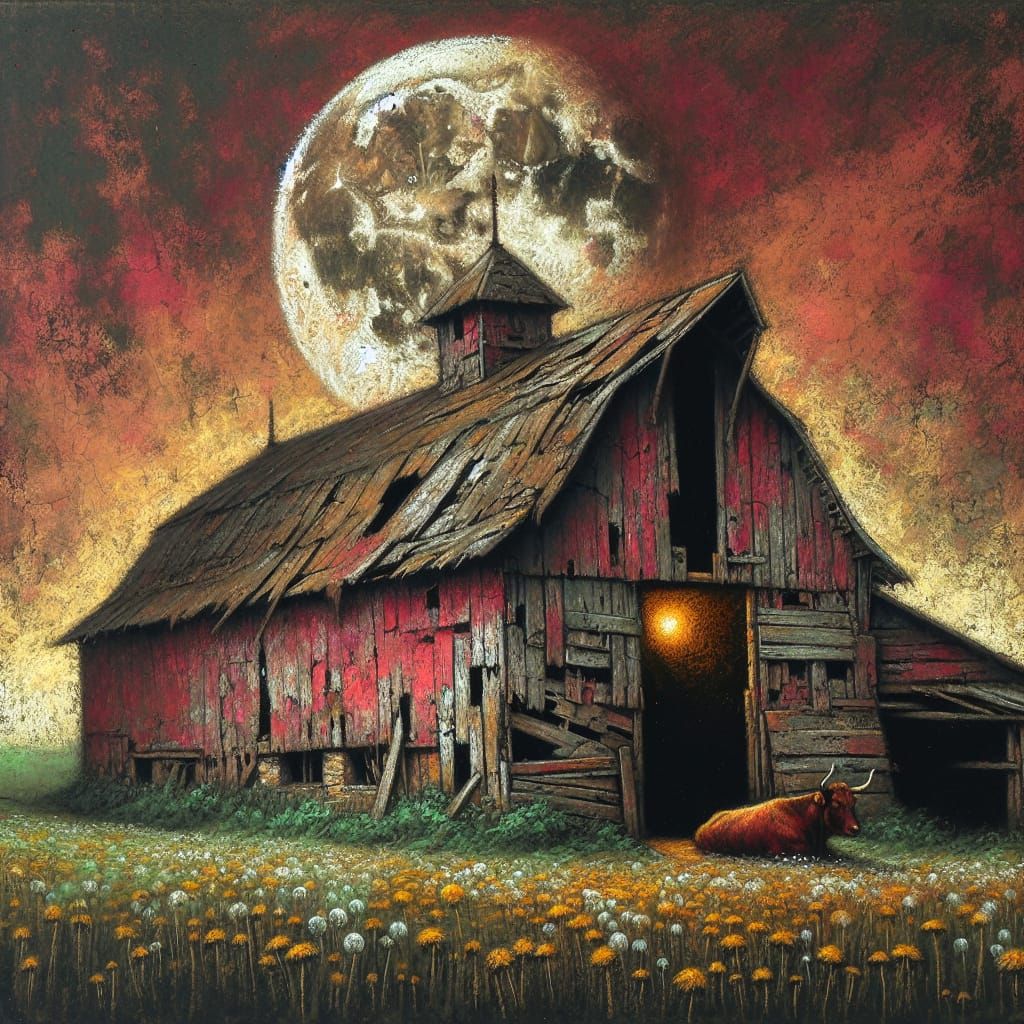 The Old Barn - Decaying Barn Under a Luminous Moonlit Sky