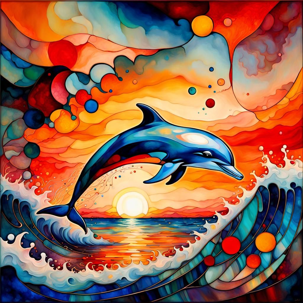 Abstract expressionism, splatter alcohol ink, abstract sea, a dolphin ...