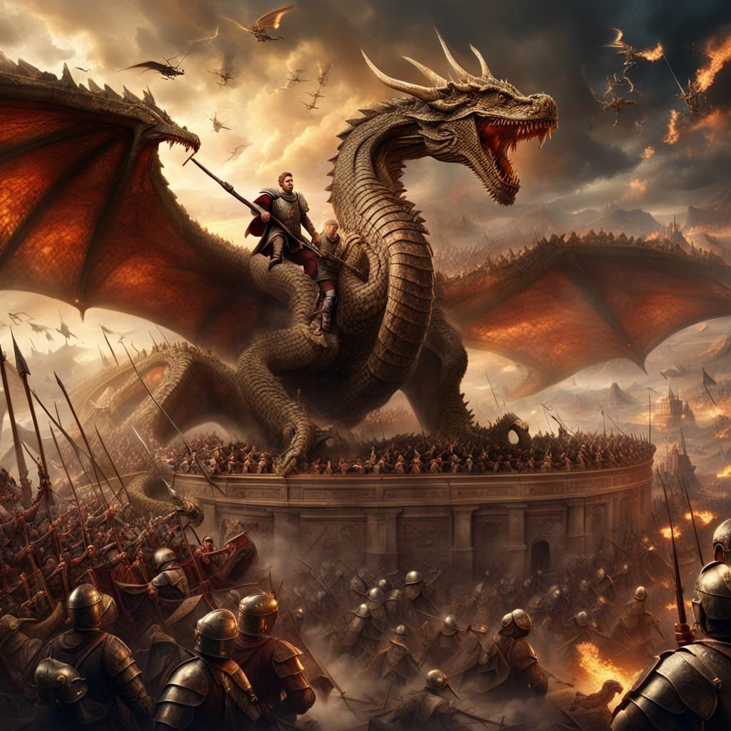 Man atop a dragon fighting a whole roman legion - AI Generated Artwork ...