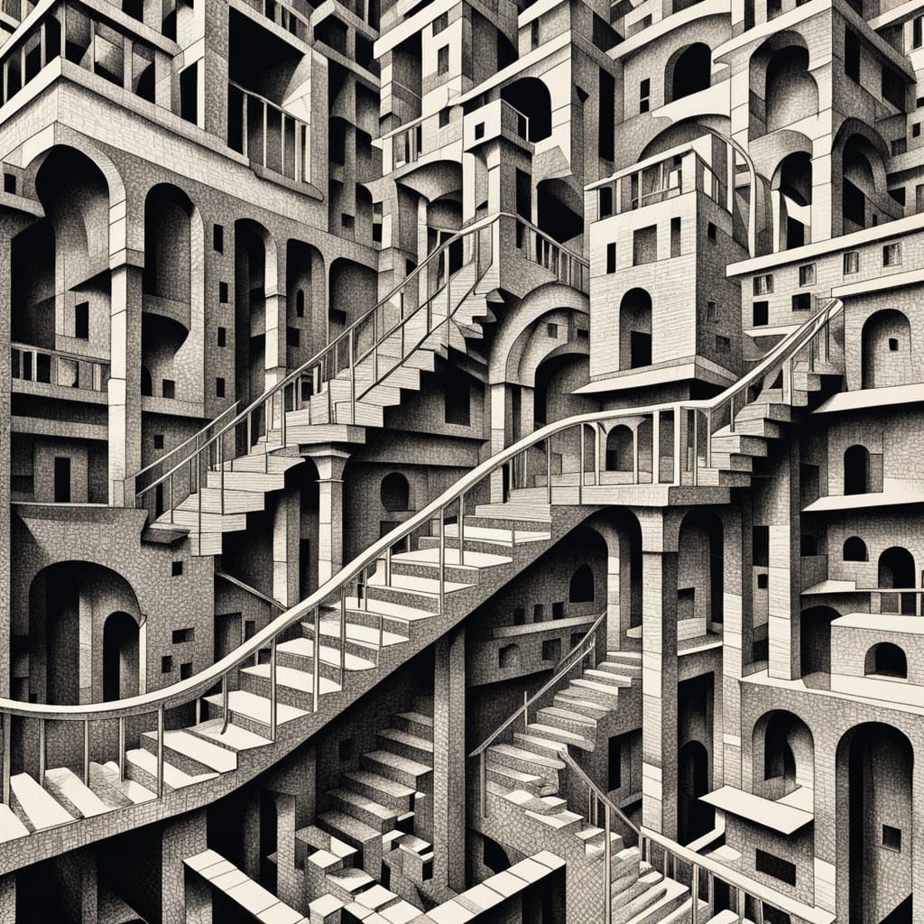Stairways - Escher-Inspired Lithograph of Impossible Stairwa...