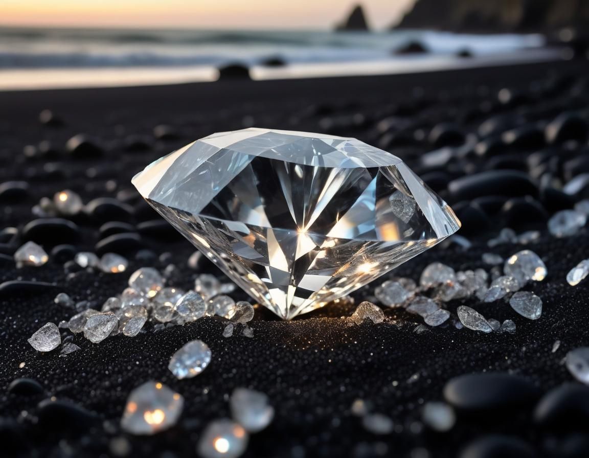 A diamond treasure washed up on a lonely black beach, glare and gentle ...