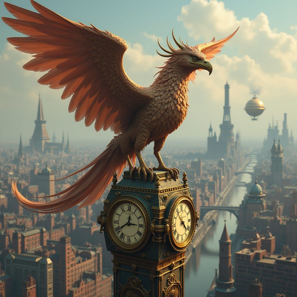 Steampunk Griffin Overlooking Clock Tower in Digit... - AI Art