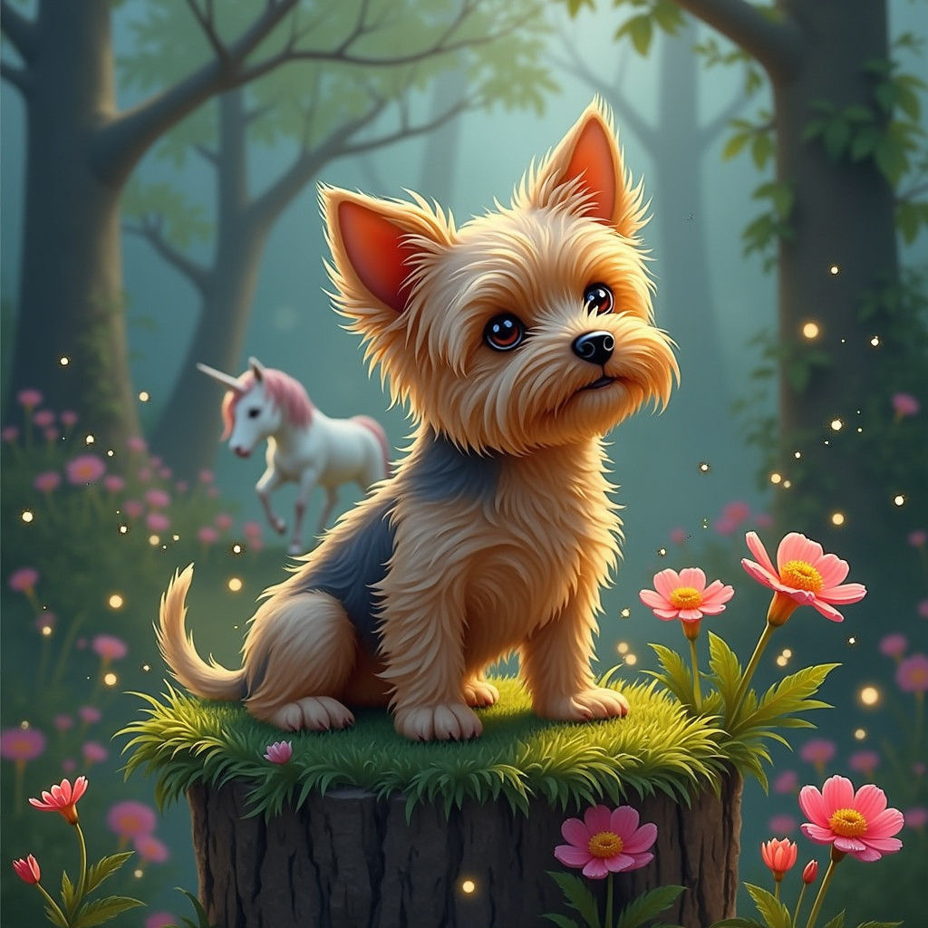 Yorkshire Terrier Puppy Surrounded by Whimsical Fo... - AI Art