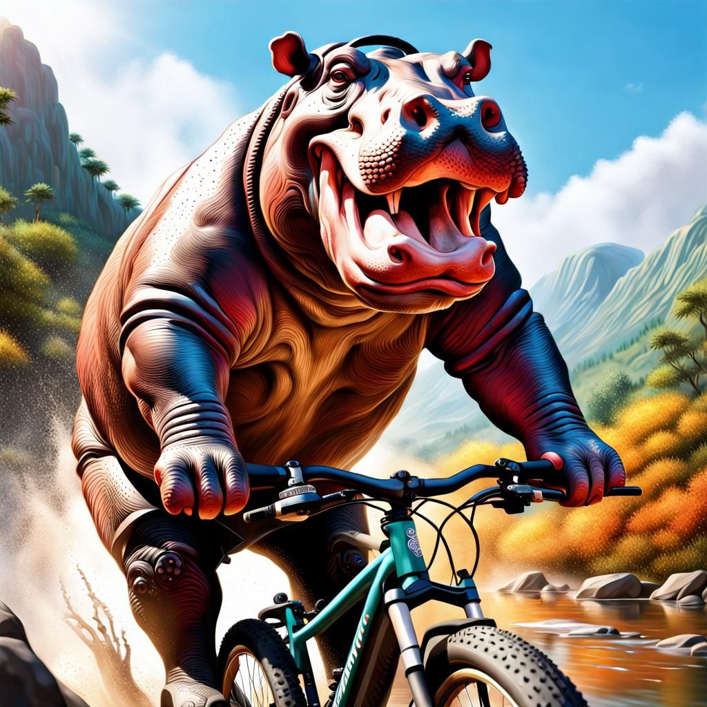 hippopotamus riding a mountain bike : r/nightcafe