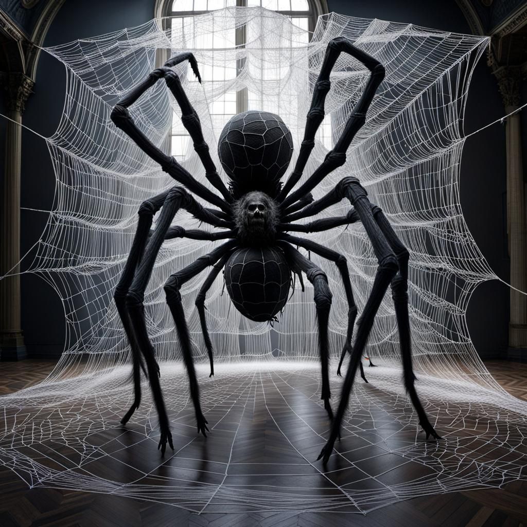 a giant angel made of a giant spider web , installation art, beautiful ...