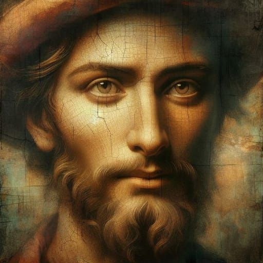 The portrait of man in an aged cracked oil painting by Leonardo Vinci ...