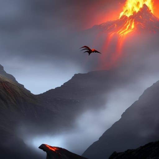 a phoenix swooping down onto a volcano with a storm behind it. - AI ...