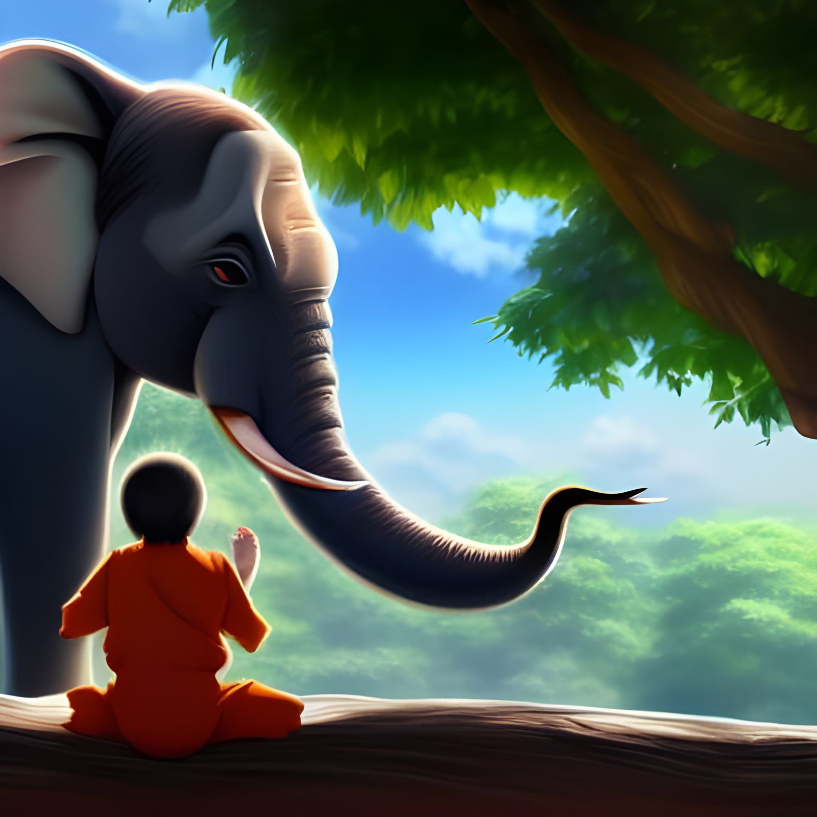 monkey sitting on a branch of a bodhi tree, elephant sitting under the ...