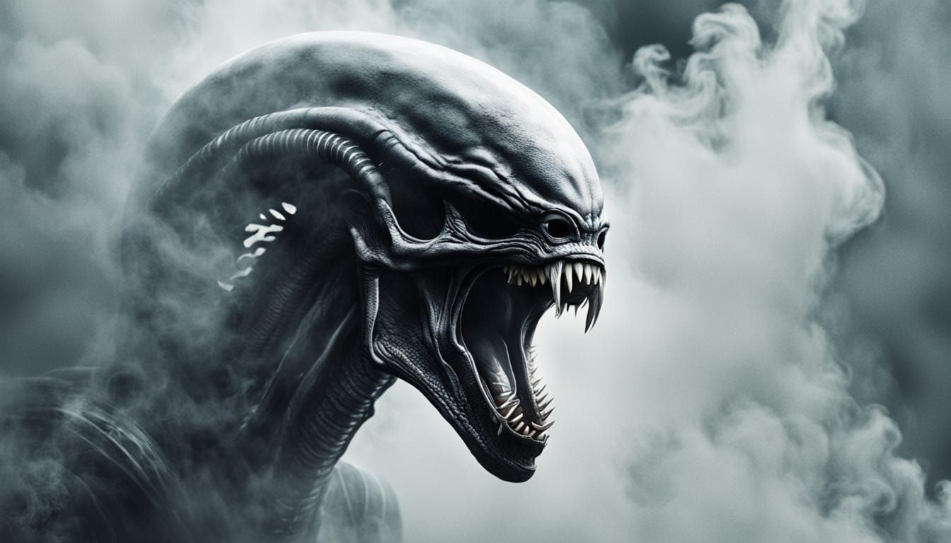 ghostly shape of a xenomorph roaring in white smoke