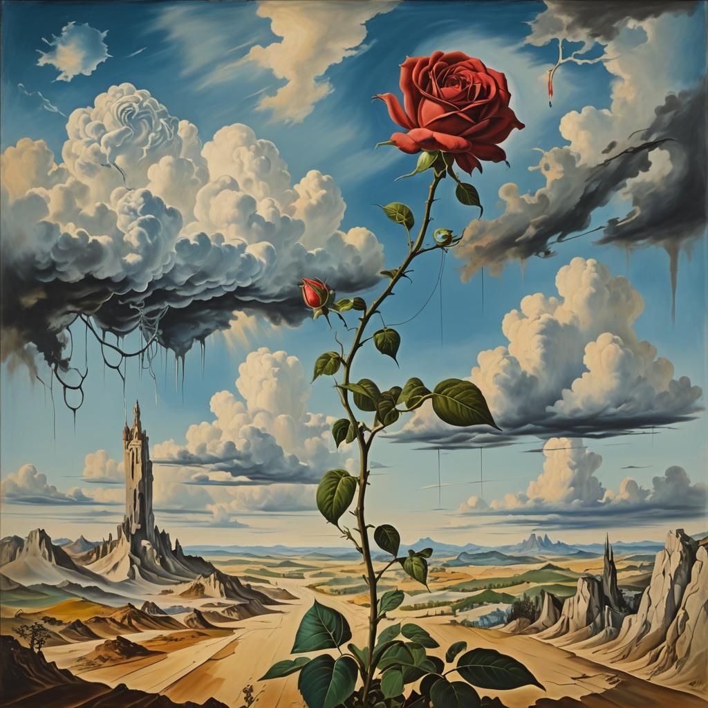 Salvador Dalí surrealistic landscape with one giant rose hanging in the ...