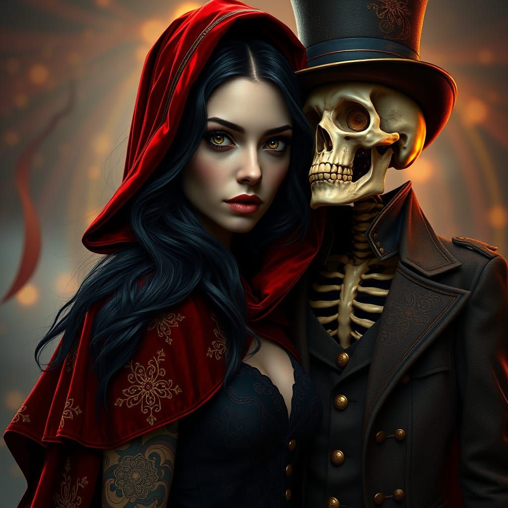 Mysterious Woman in Crimson Cloak, Beside a Skelet... - AI Art