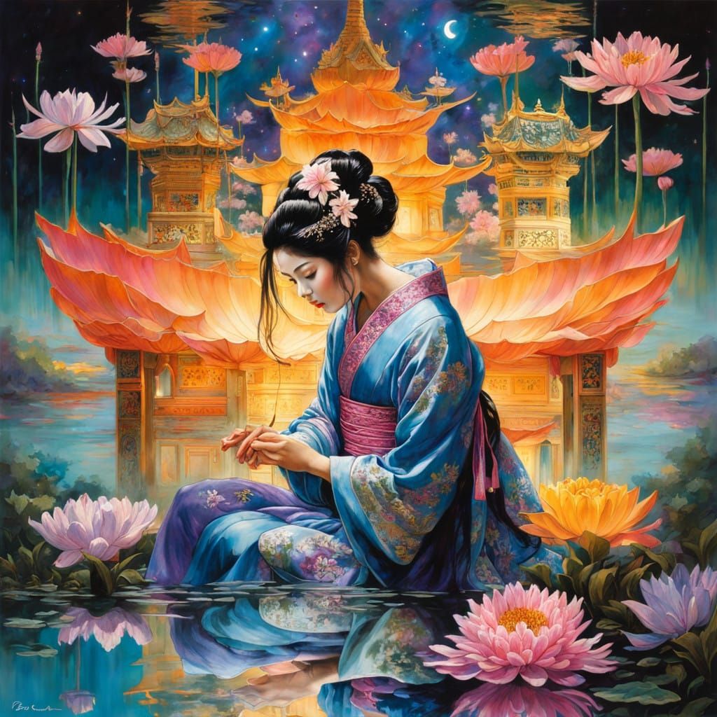 Ethereal Geisha in Celestial Fantasy - AI Art