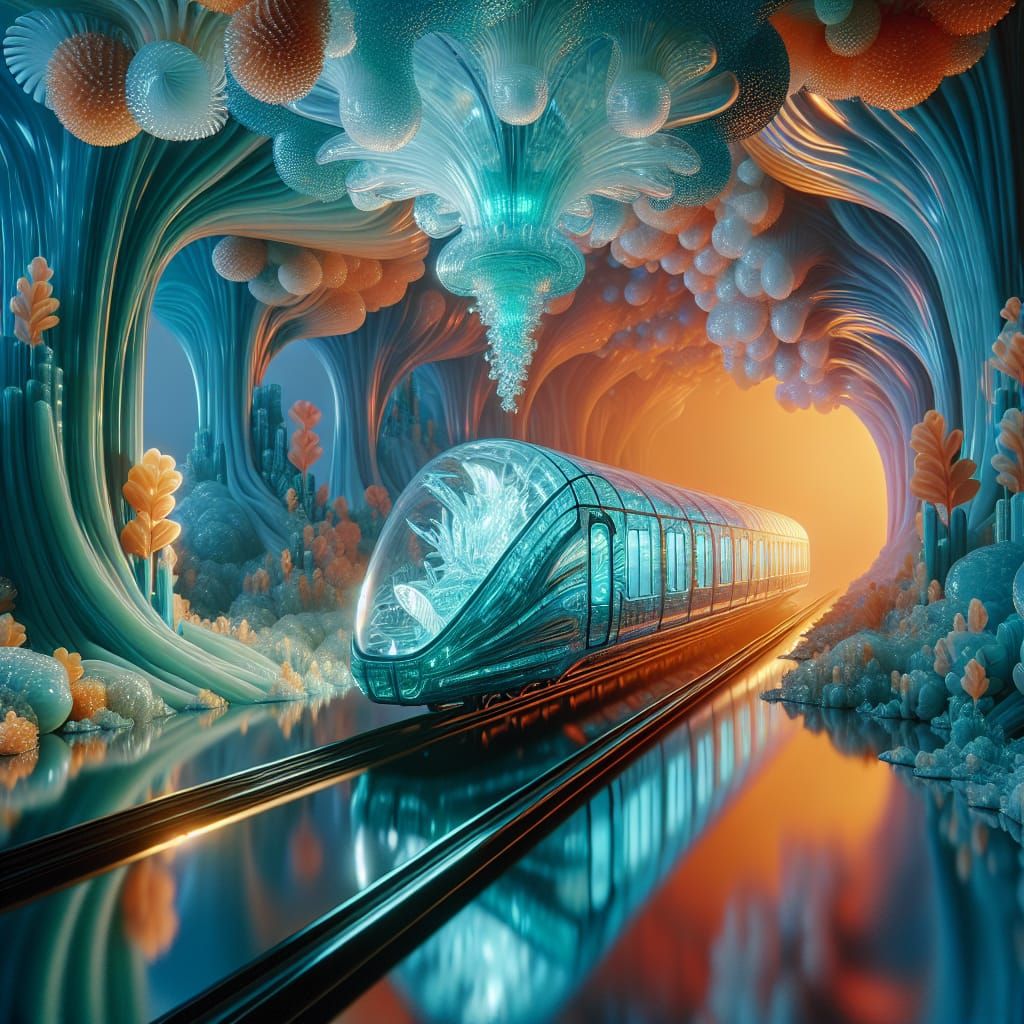 Whimsical Dreamscape with Glass Train in a Futuris... - AI Art