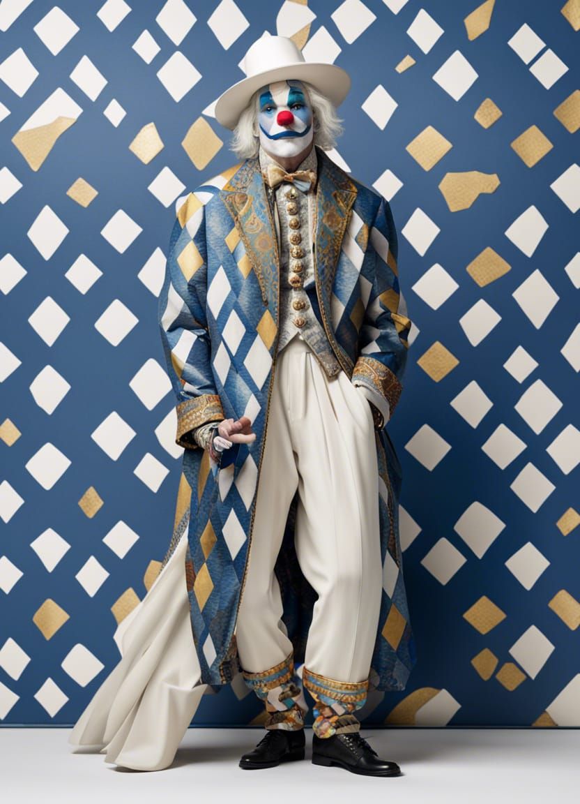 "A full-length figure of an amazing soft white-faced modern clown ...