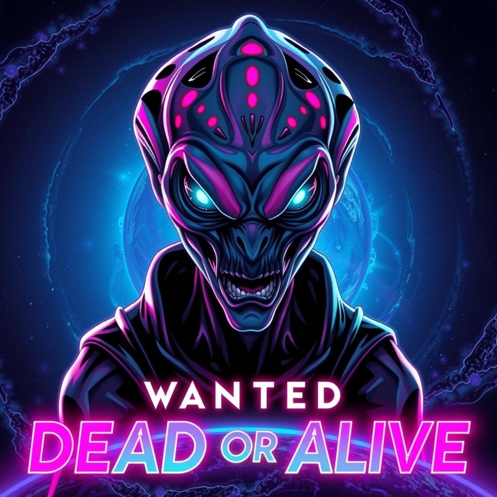 Wanted Poster. Text Reads "WANTED DEAD OR ALIVE" A neon-hued ...