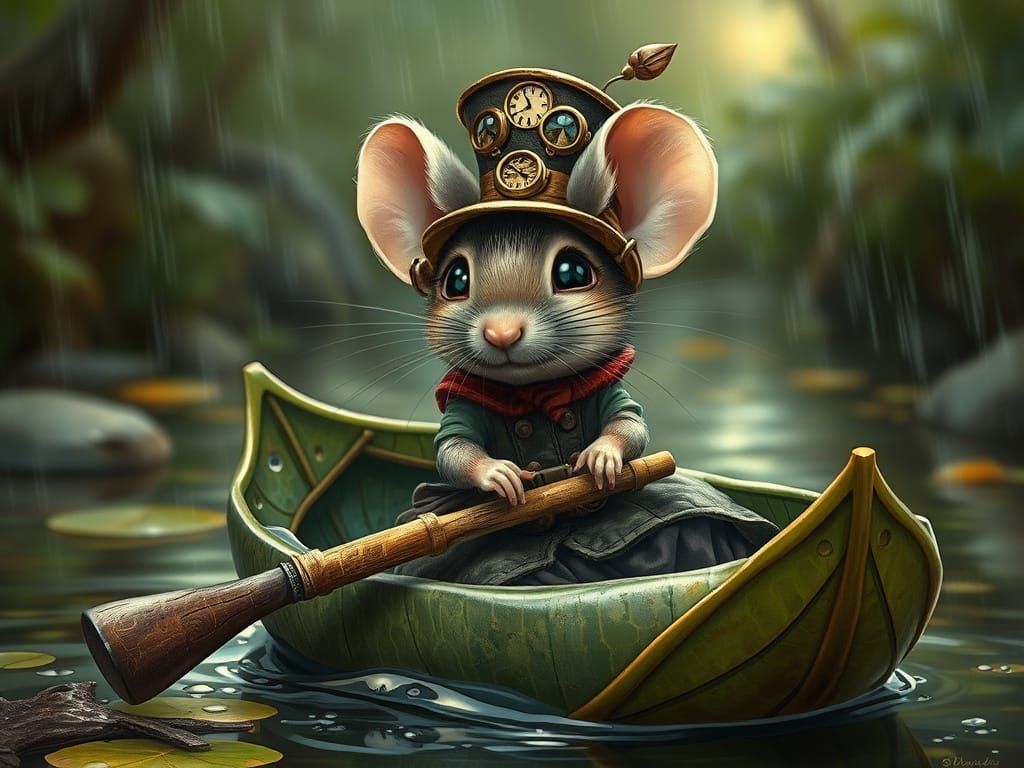 Kawaii Steampunk Mouse Merrily Boating Down a Stream
