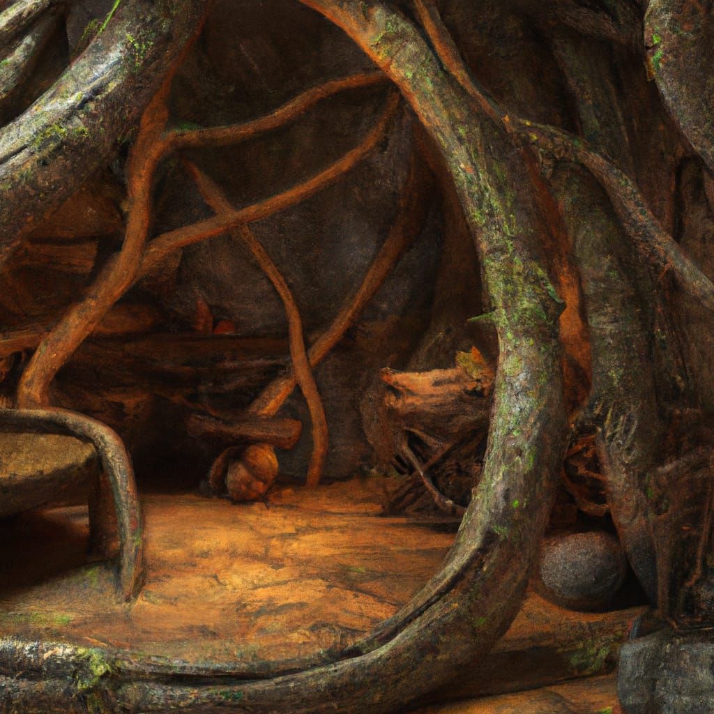 cosy cellar under an elvish tree, tree roots for walls, wooden ...