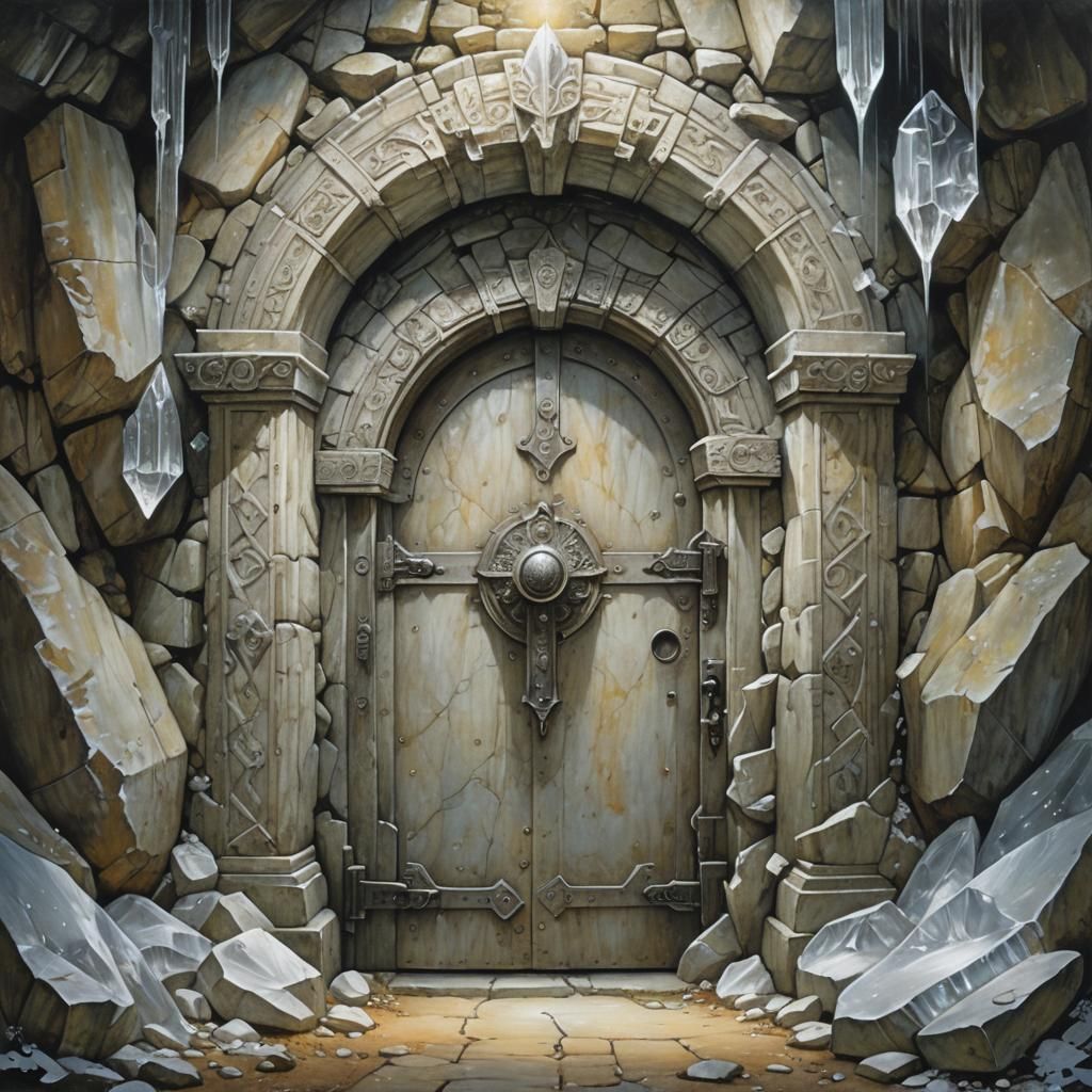 underground stone door carved into the wall, glowing white large ...
