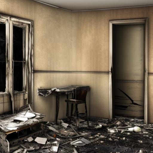 Extreme fire damage, view from doorway into destroyed writing room with ...