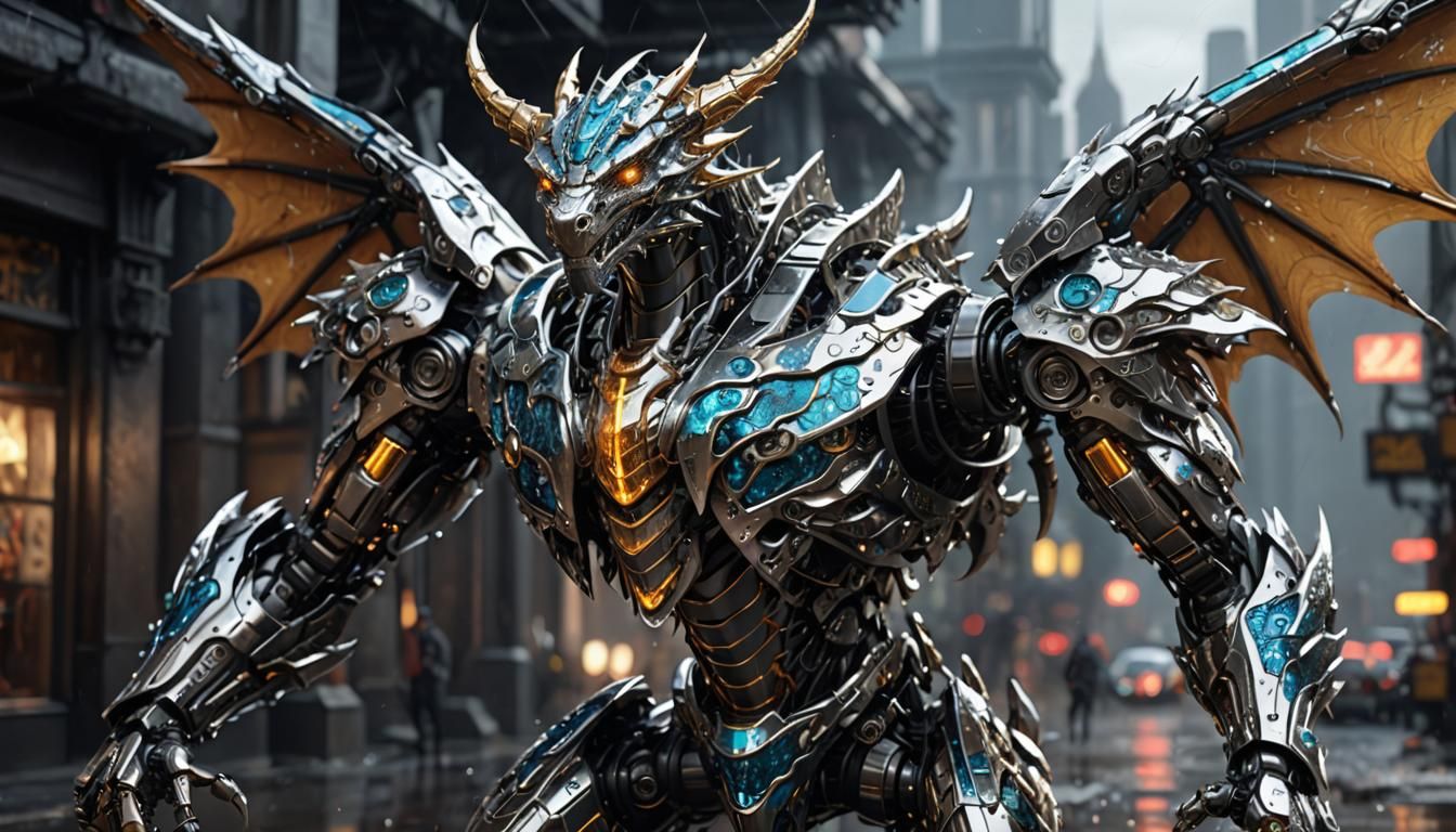 a (((wet brush art))) depicting a (((dragon Mecha ))) with transparent ...