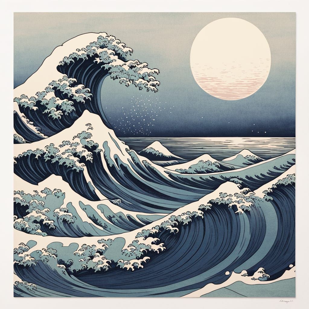 Moonlit Wave off Kanagawa in Traditional Japanese ... - AI Art